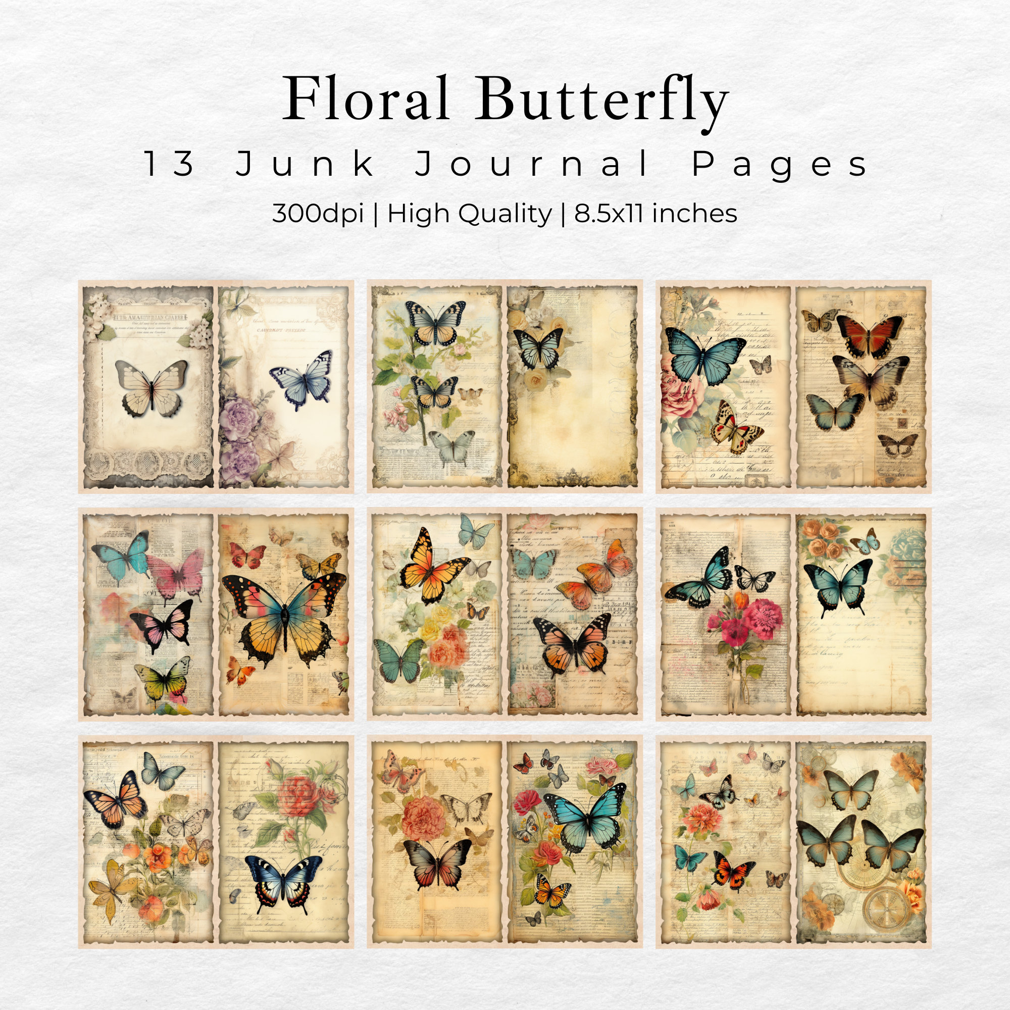 Watercolor Butterfly Junk Journal Pages, Vintage Butterfly Junk Journal ...