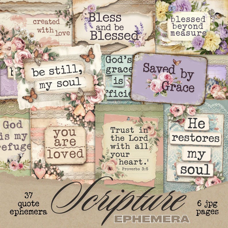 Scripture Scraps Junk Journal Ephemera, Shabby Chic Printable Floral ...