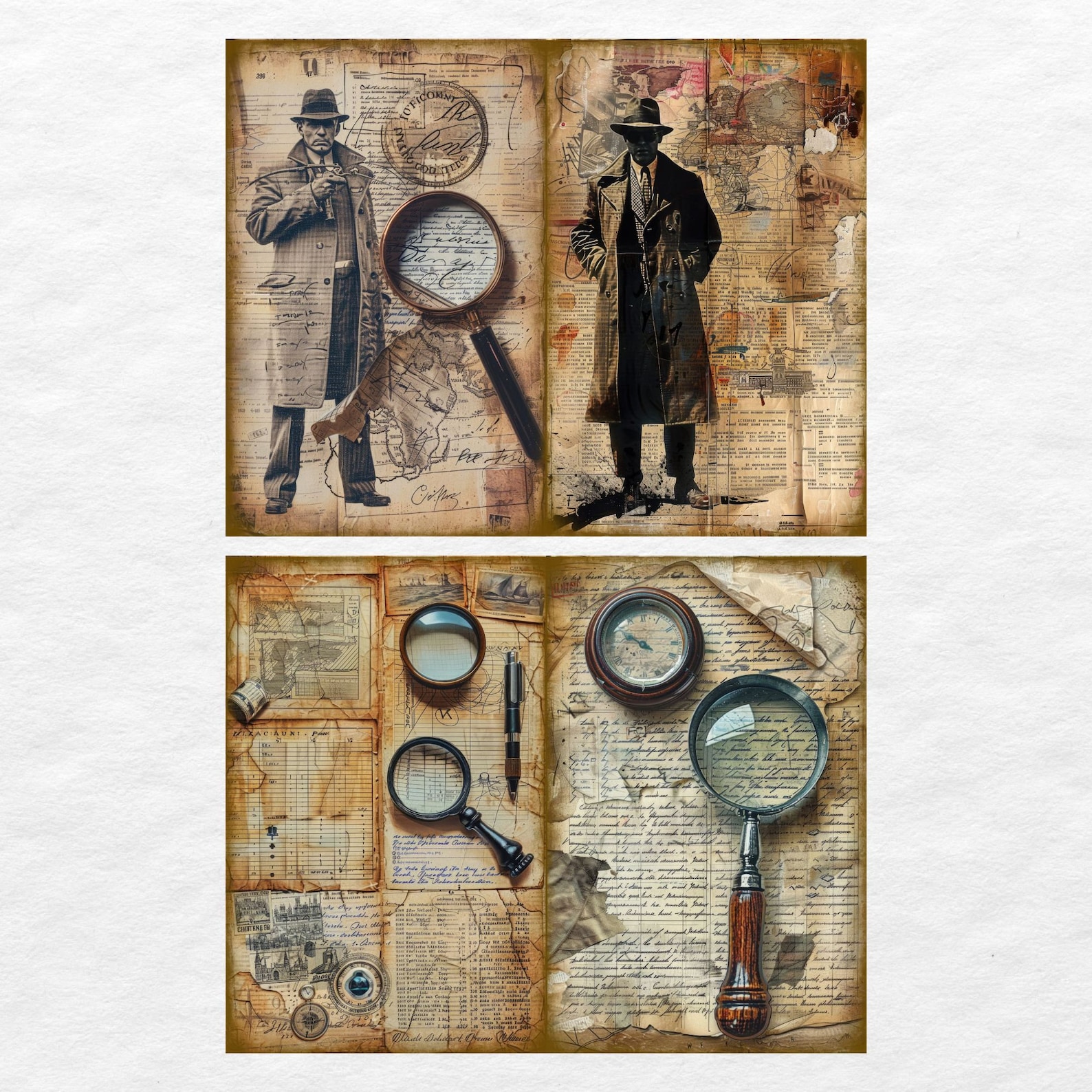 Vintage Detective Junk Journal Pages, Digital Scrapbook Paper Kit ...