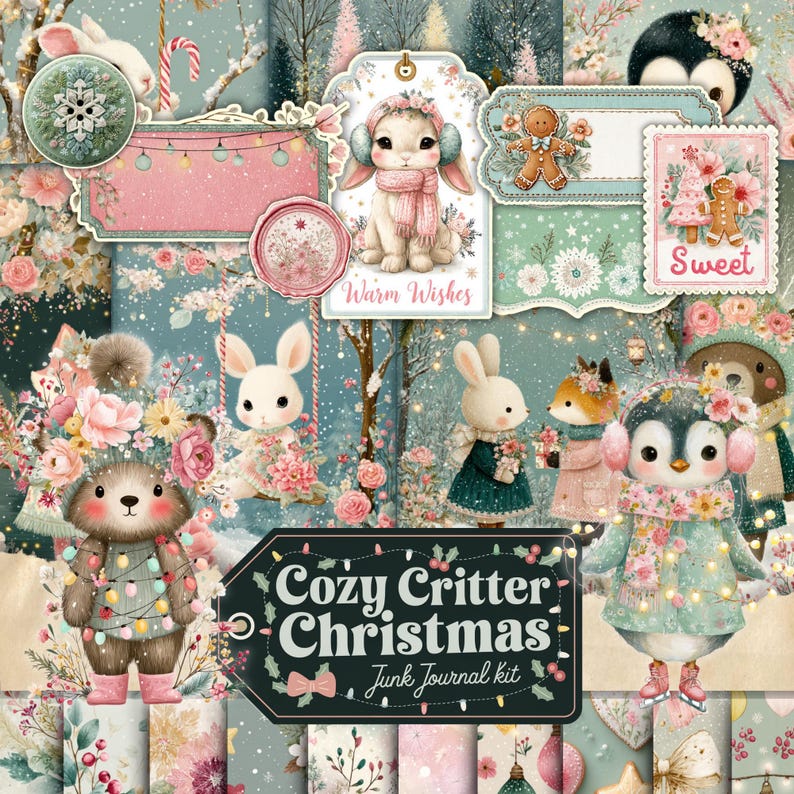 Cozy Critter Christmas Junk Journal Kit | Pastel Christmas Digital ...
