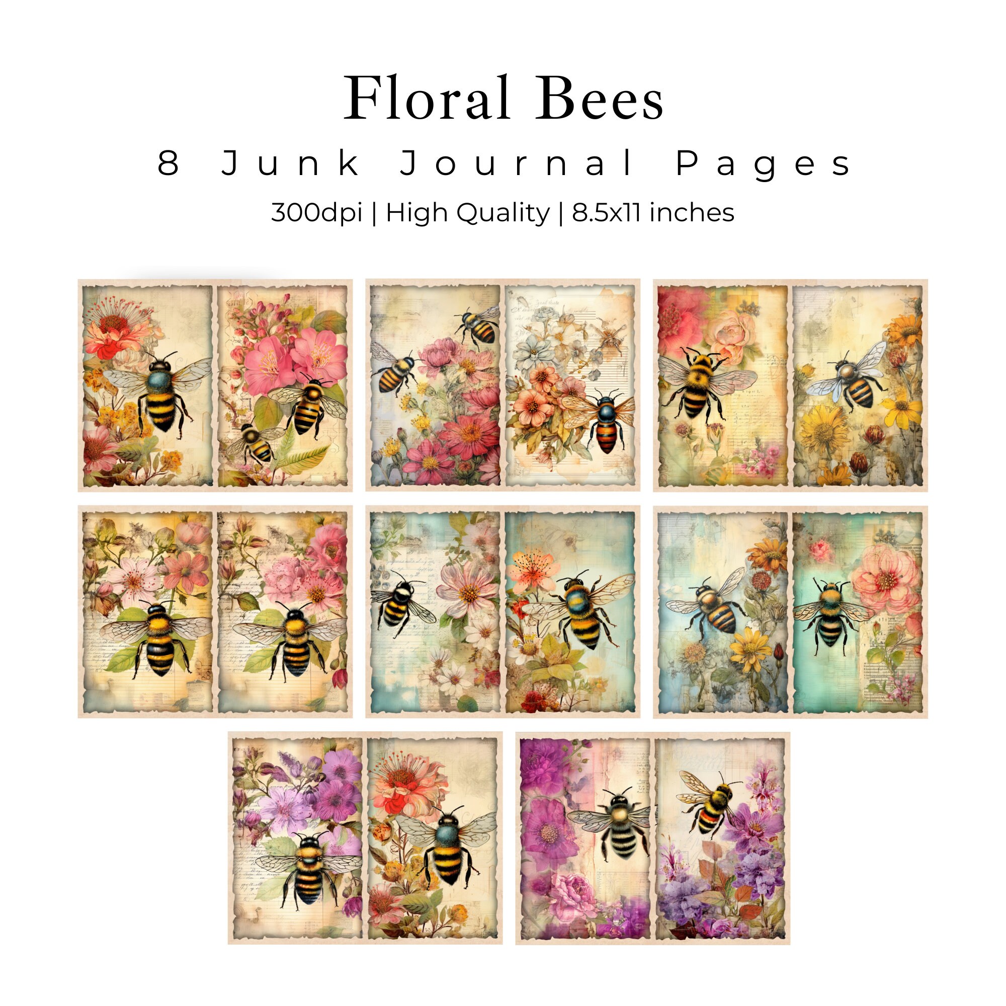 Watercolor Bee Junk Journal Pages, Vintage Bee Junk Journal Kit, Junk ...