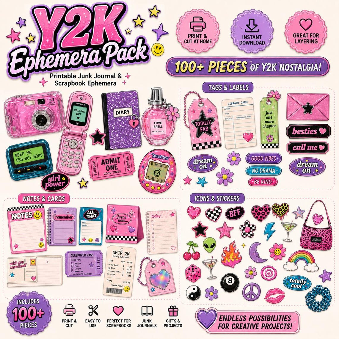 Y2K Ephemera Pack, Pink 2000s Junk Journal Kit, Retro Scrapbook ...