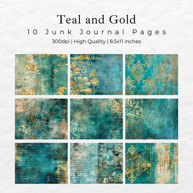 Teal and Gold Mixed Media Junk Journal Art Kit, Digital Papers ...