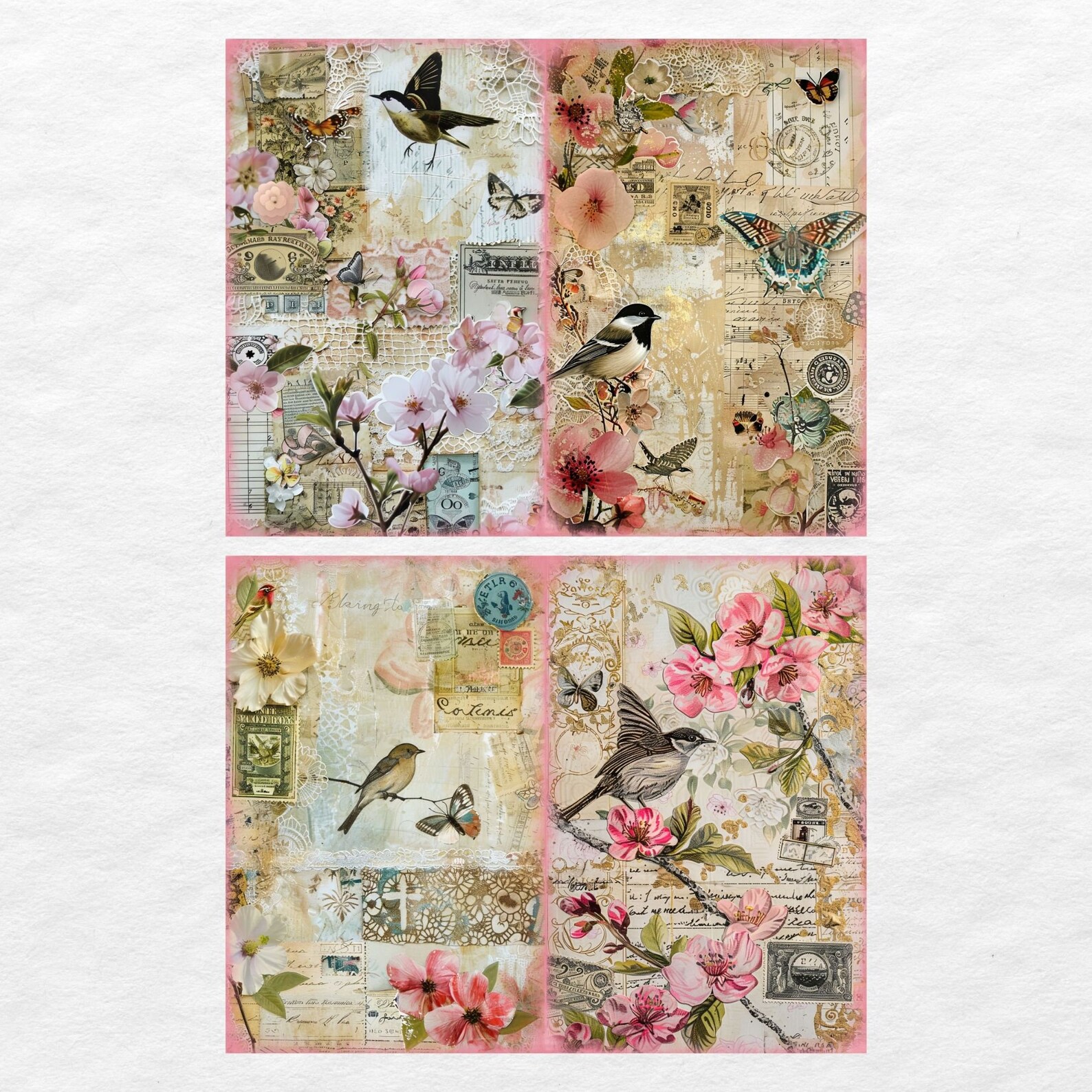 Vintage Bird Junk Journal Pages, Digital Floral Scrapbook Paper Kit ...