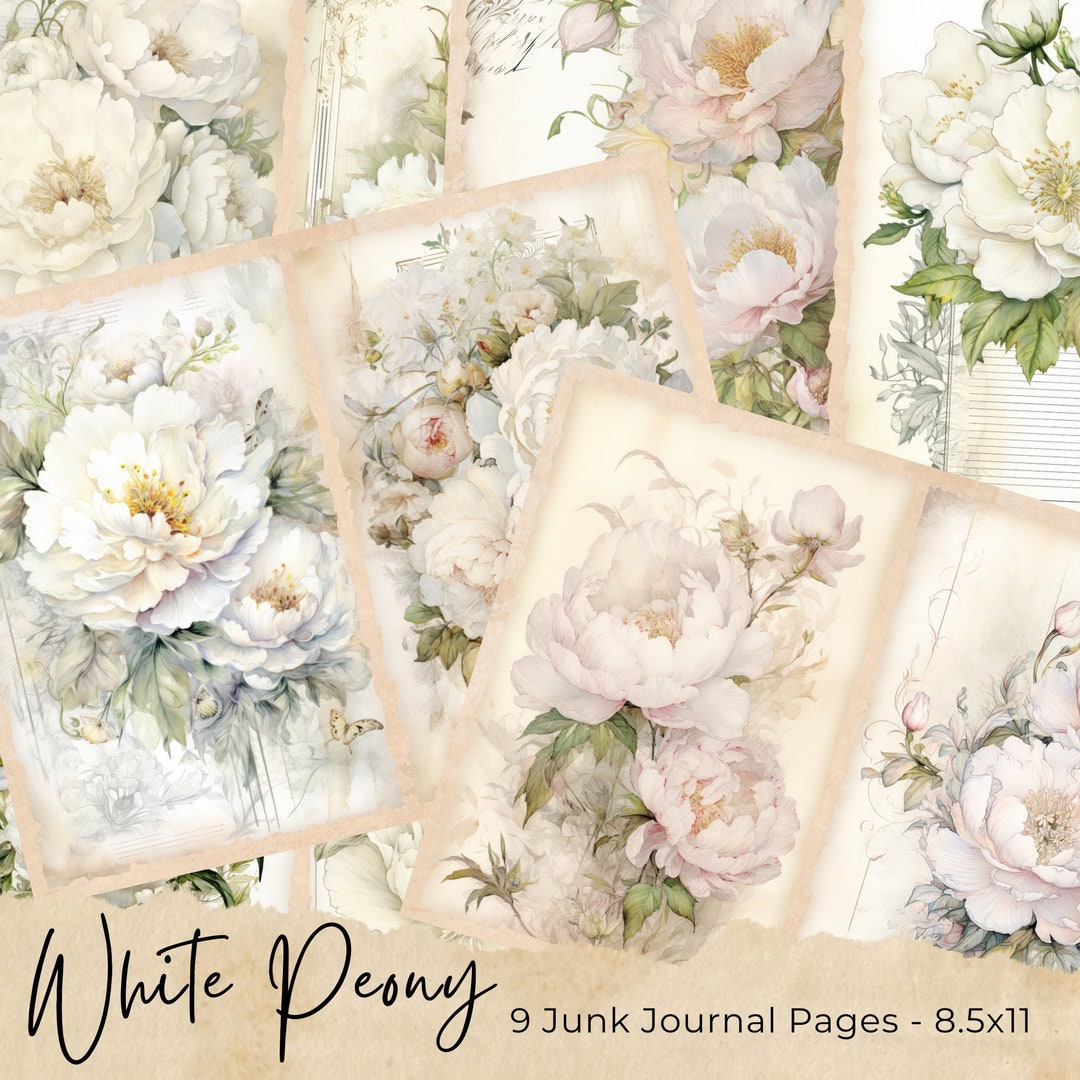 White Peonies Junk Journal Pages, Vintage Peony Junk Journal Kit, Junk ...