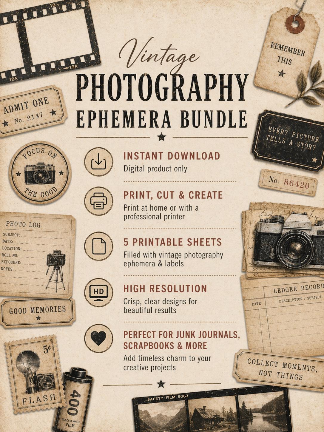 Vintage Photography Ephemera Bundle, Printable Camera Fussy Cuts, Junk ...