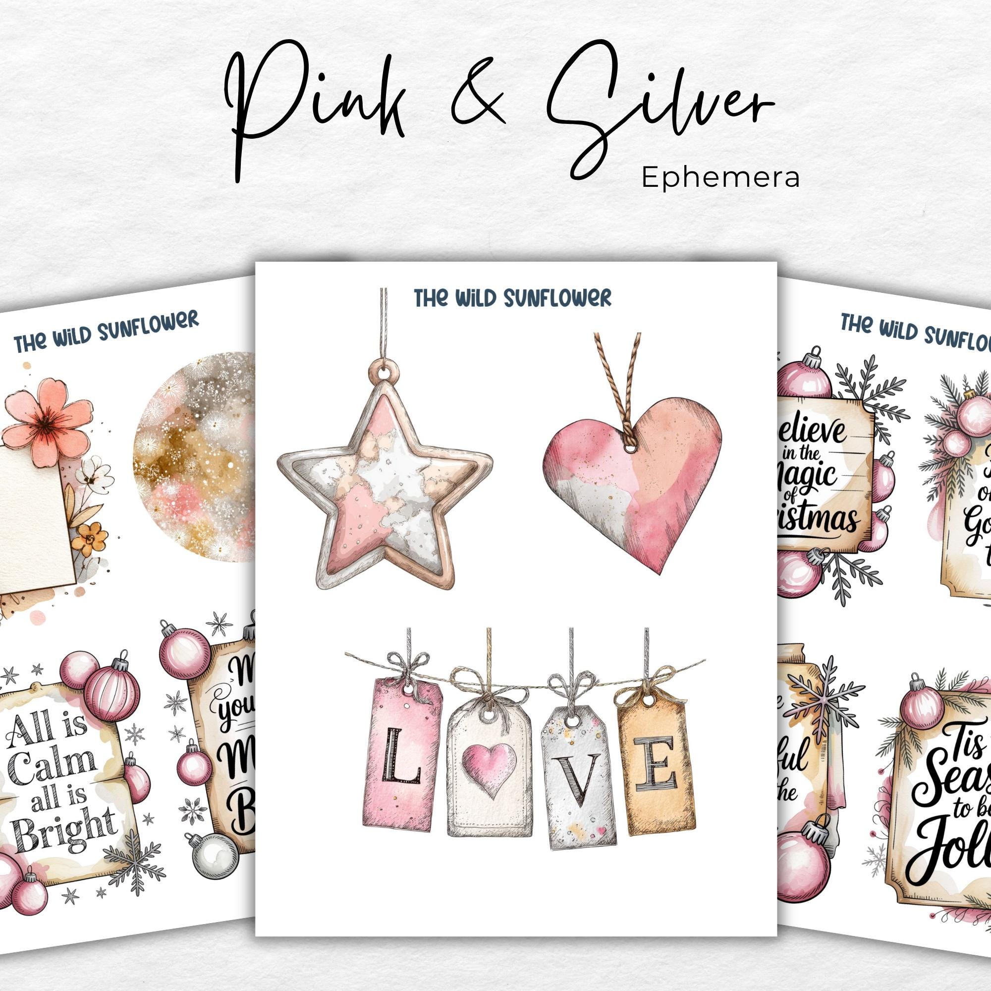 Pink and Silver Christmas Junk Journal Kit, Printable Vintage Ephemera ...
