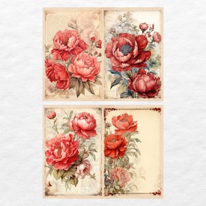 Red Peonies Junk Journal Pages, Vintage Peony Junk Journal Kit, Junk ...