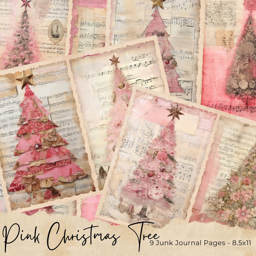 Pink Christmas Tree Junk Journal Page, Vintage Merry Christmas Junk ...