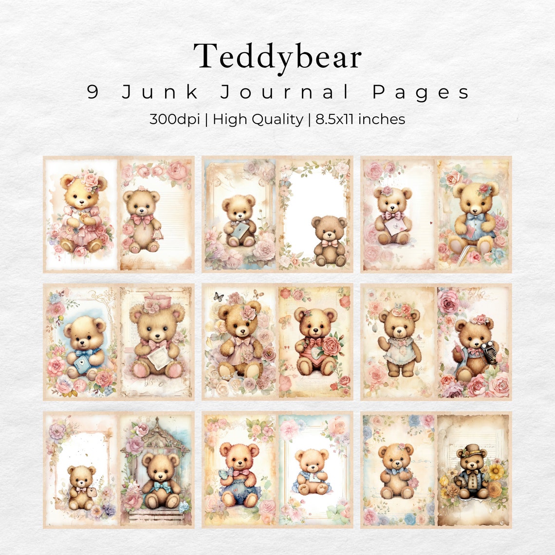 Watercolor Teddy Bear, Printable Junk Journal Pages, Cute Teddy Bear ...