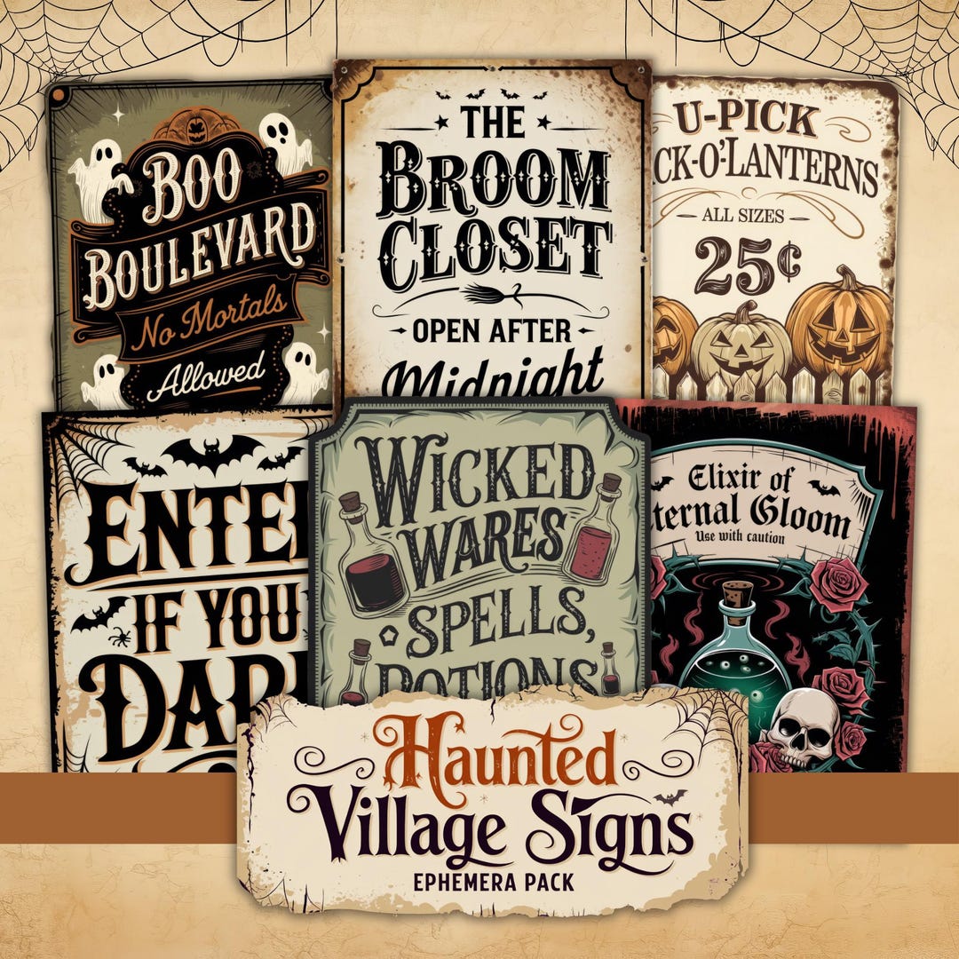 Haunted Village Halloween Signs – Vintage Ephemera Pack for Junk ...
