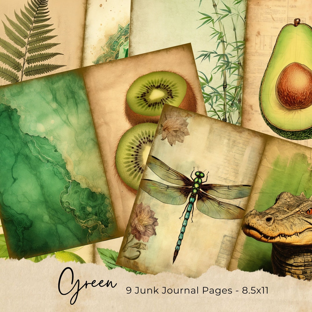 Mixed Media Green Junk Journal Kit, Digital Papers, Green Printable ...