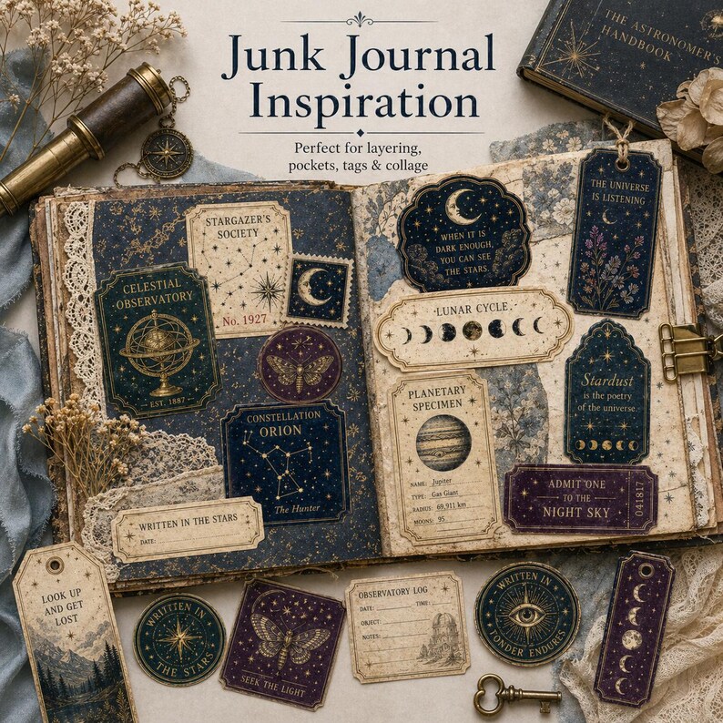 Celestial Ephemera Pack, Printable Junk Journal Kit, Vintage Moon Stars ...