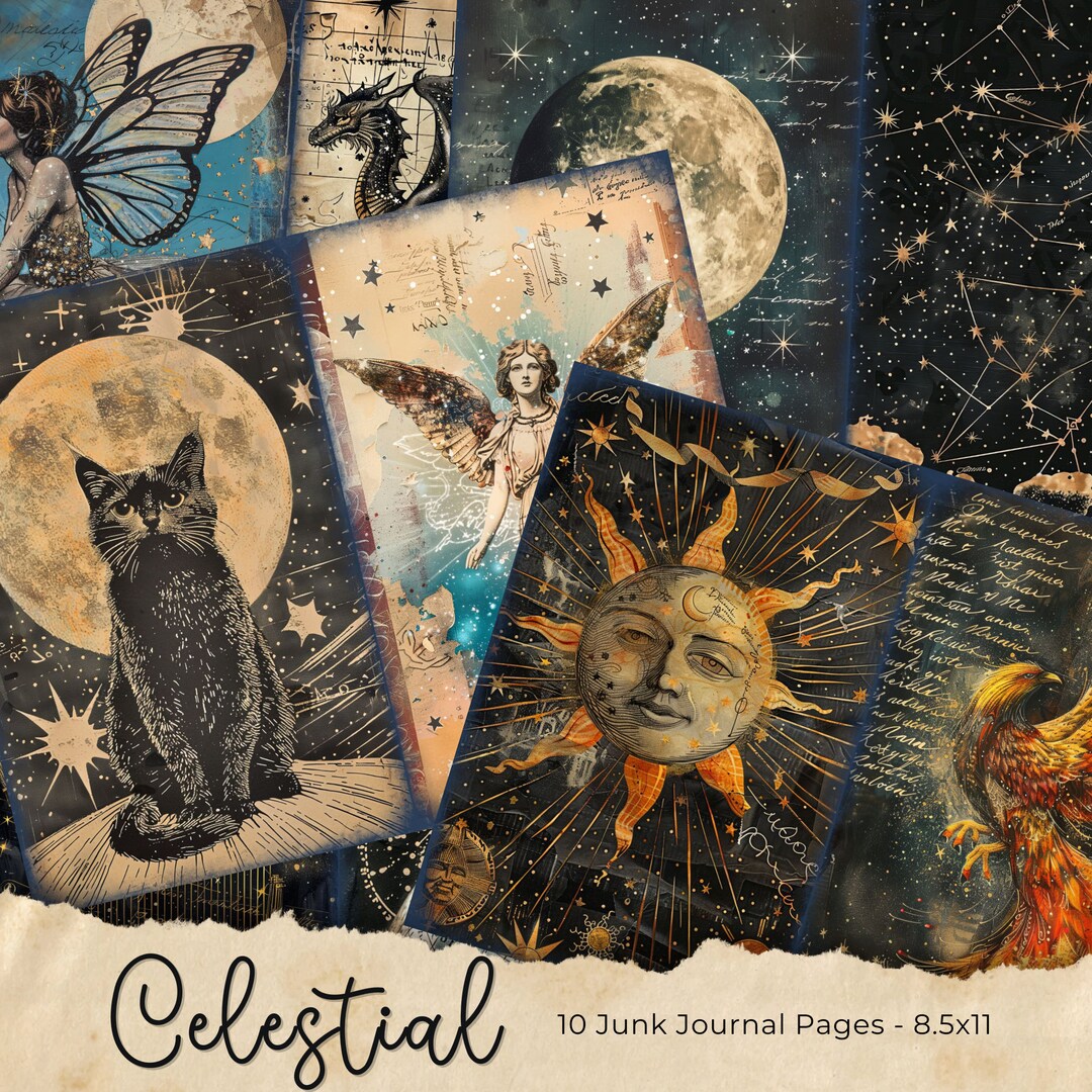 Celestial Moon Junk Journal Pages, Digital Scrapbook Paper Kit, Vintage ...