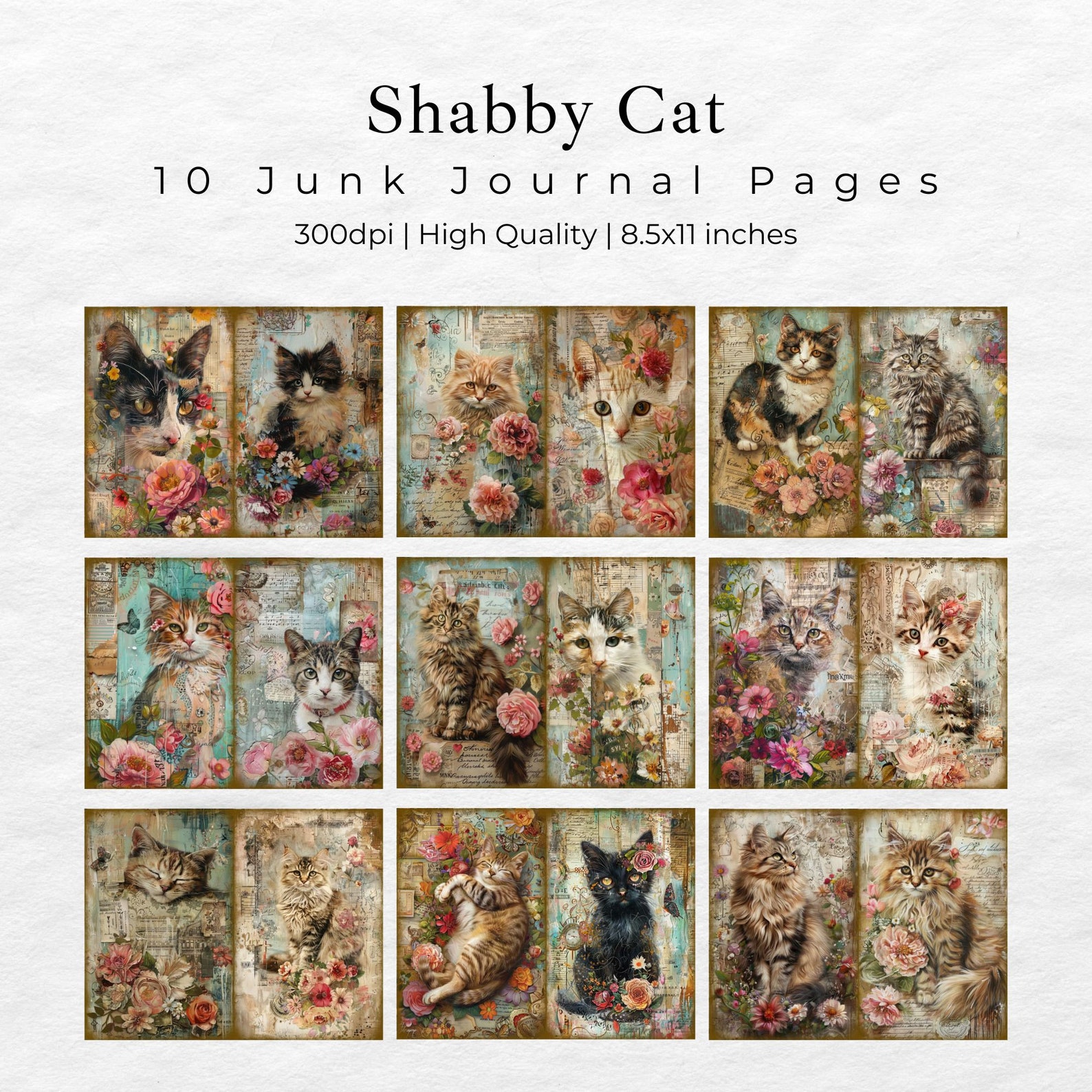 Watercolor Cat Junk Journal Printable Page, Kitten With Flowers Junk ...