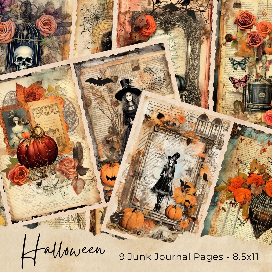 Halloween Junk Journal Pages, Digital Scrapbook Paper Kit, Spooky ...