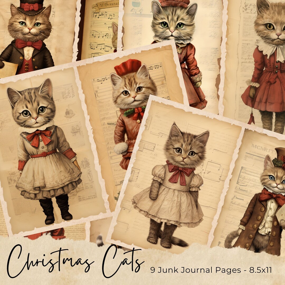Vintage Cats Christmas Junk Journal Kit, Retro Cat, Christmas, Journal ...