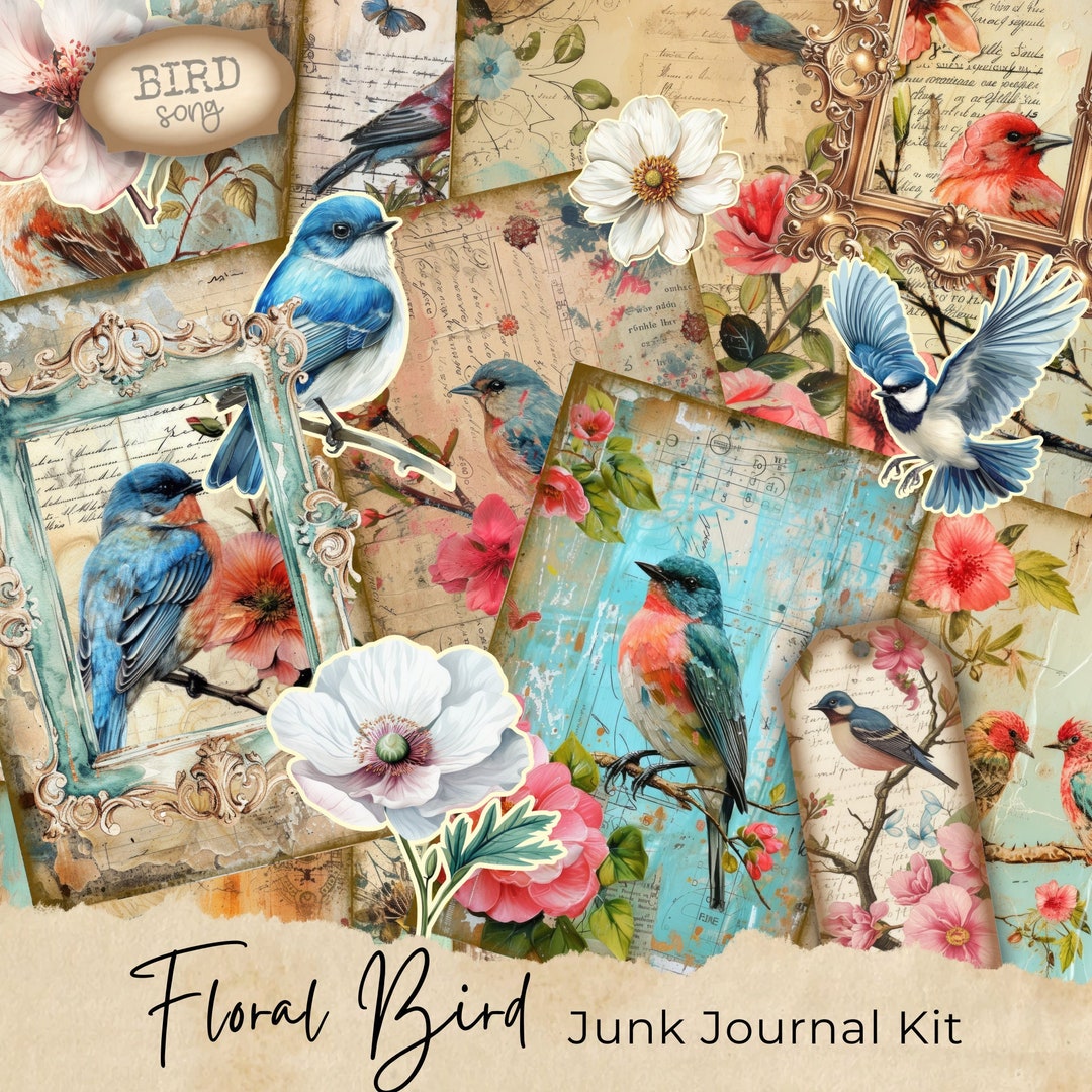 Vintage Bird Junk Journal Kit, Digital Floral Scrapbook Paper Kit ...