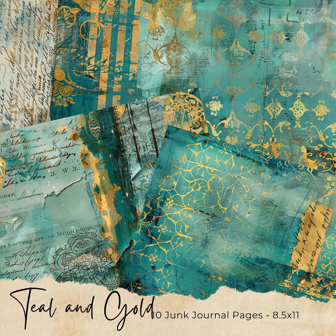 Teal and Gold Mixed Media Junk Journal Art Kit, Digital Papers ...