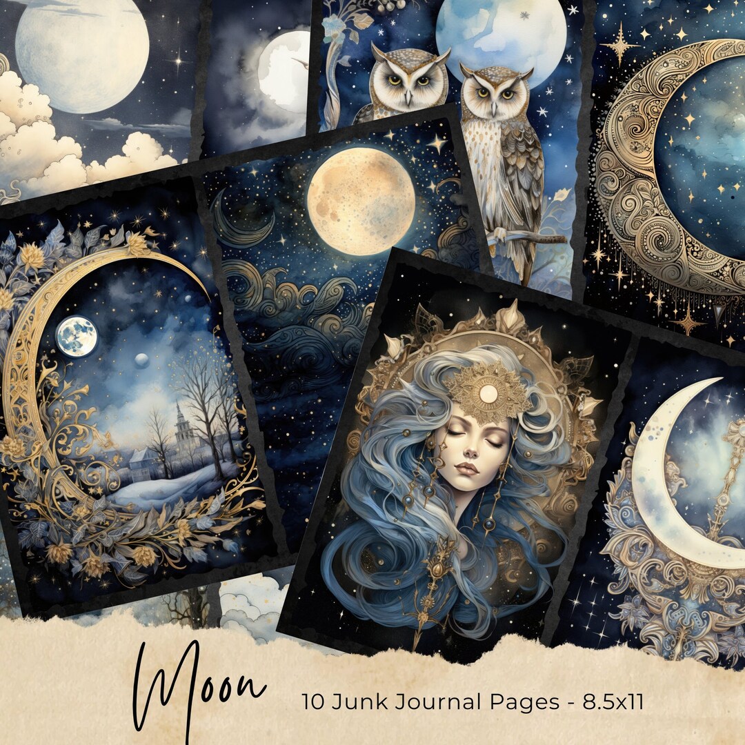 Junk Journal Moon Ephemera, Digital Scrapbook Paper Kit, Vintage Night ...