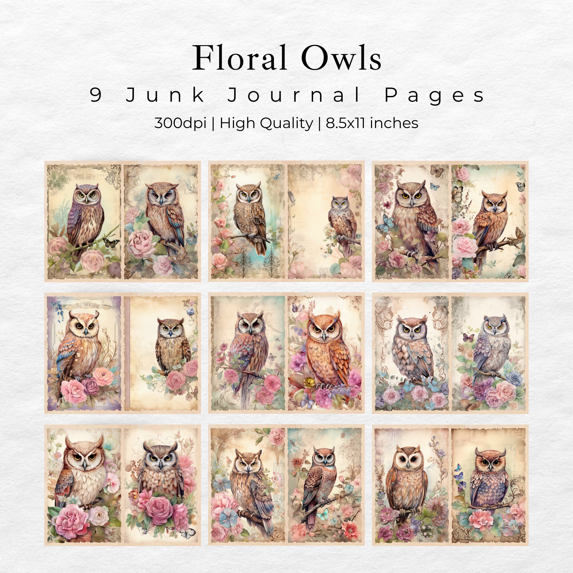 Fantasy Owl Junk Journal Kit Watercolor Owl Journal Pages Owl - Etsy