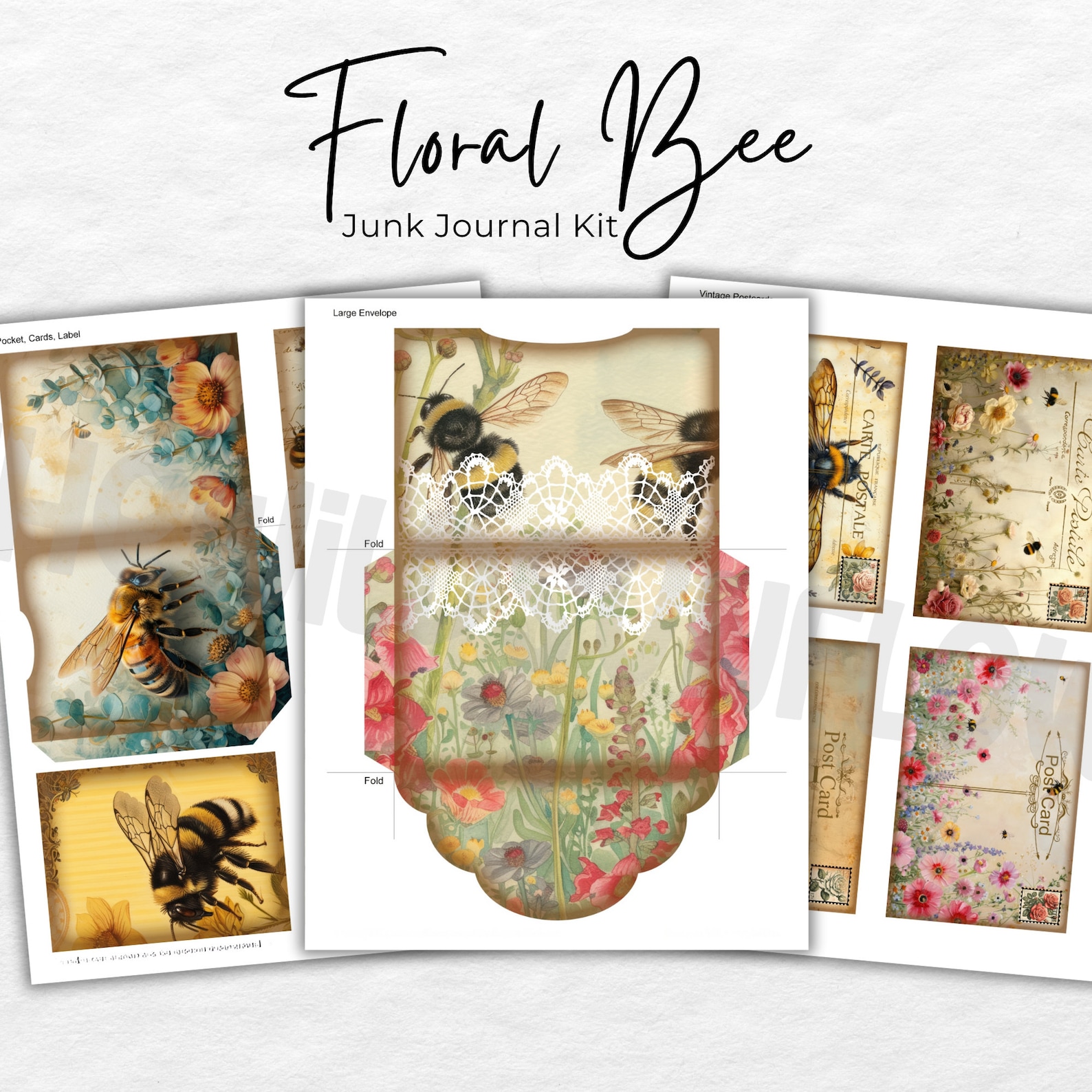 Junk Journal Watercolor Bee Garden, Printable Kit, Vintage, Bee ...