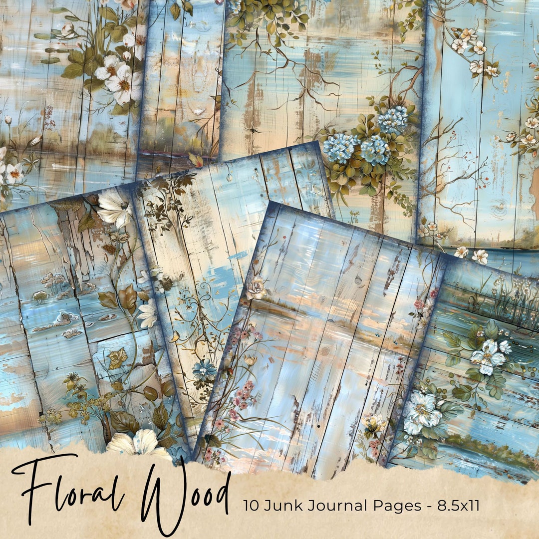 Floral Wood Junk Journal Pages | Digital Scrapbook Paper Kit | Wooden ...