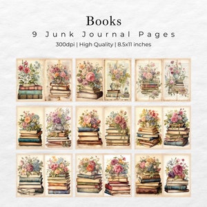 Watercolor Flowers and Books Junk Journal Printable Page, Books Junk ...