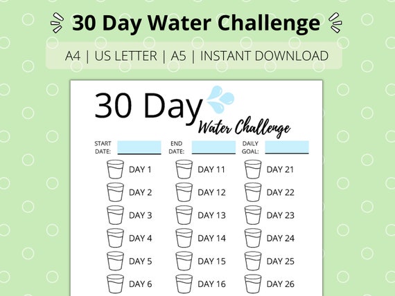 30 Day Challenge Water Intake Tracker Printable PDF - Etsy