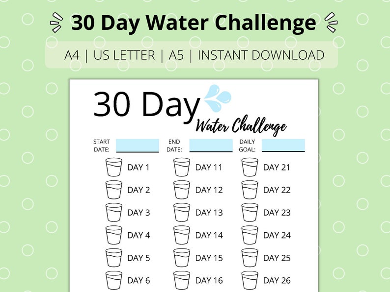 30 Day Challenge Water Intake Tracker | Printable | PDF | Digital ...