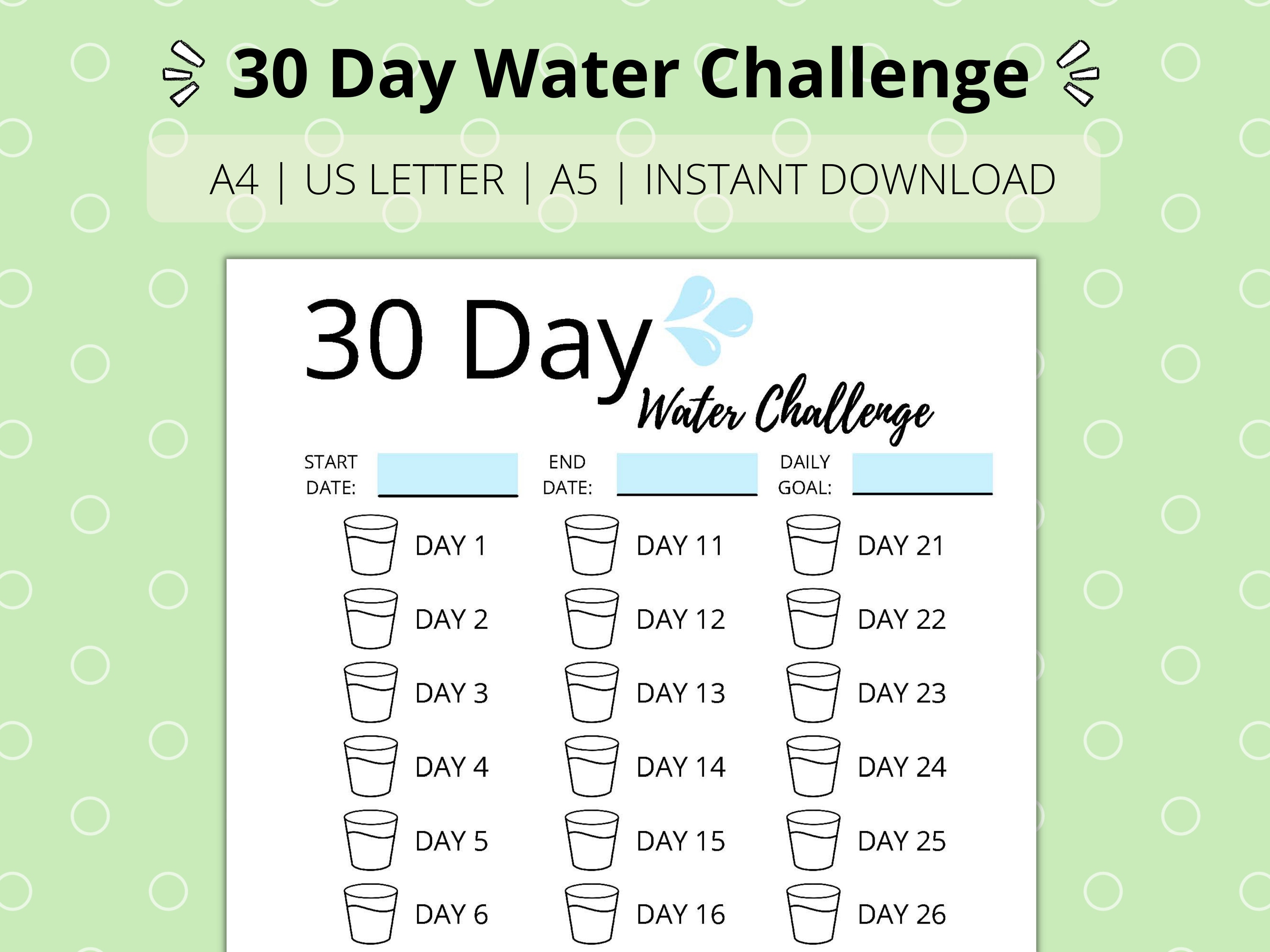 30 Day Challenge Water Intake Tracker | Printable | PDF | Digital ...