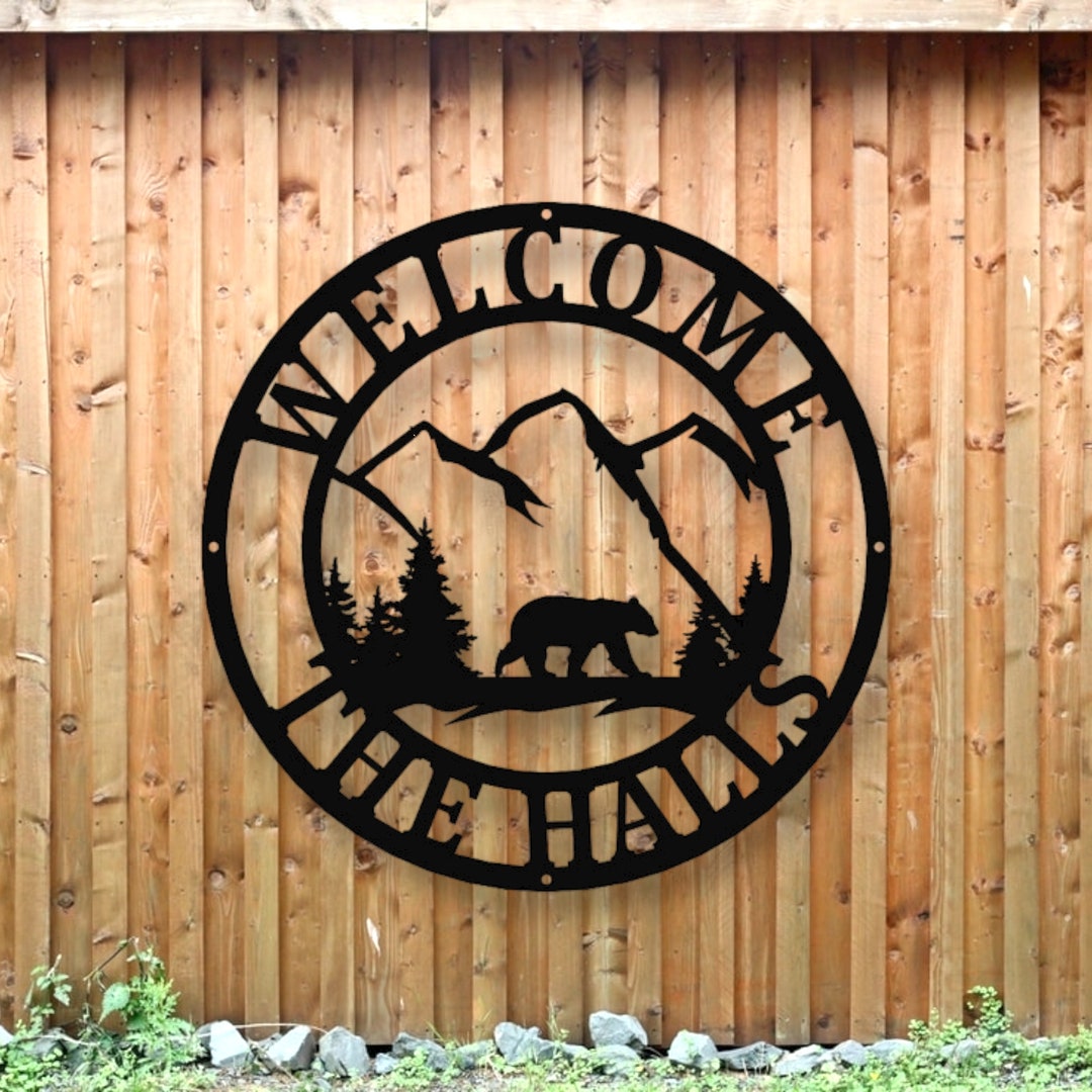 Bear Personalized Metal Sign, Bear in Woods Cabin Sign, Family Name ...