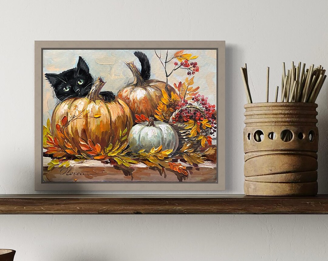 Black Cat Pumpkins Still Life Harvest Wall Art Original Fall Painting ...