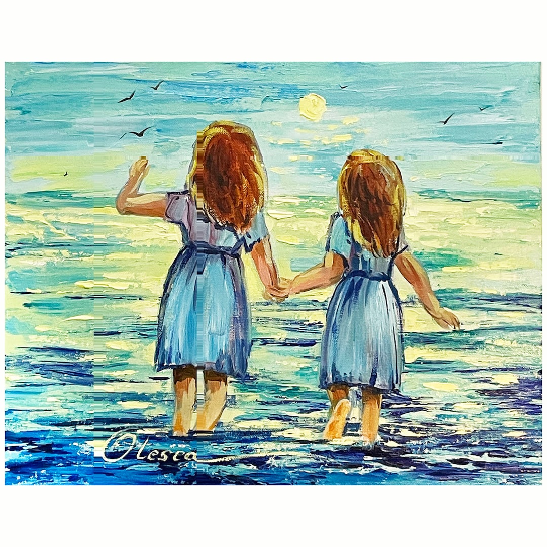 Girls Oil Painting Original Friends Wall Art Seascape Artwork 11by 14 ...