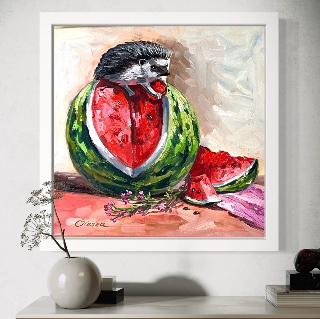 Hedgehog Watermelon Still Life Canvas Painting Original Oil Dining Room ...