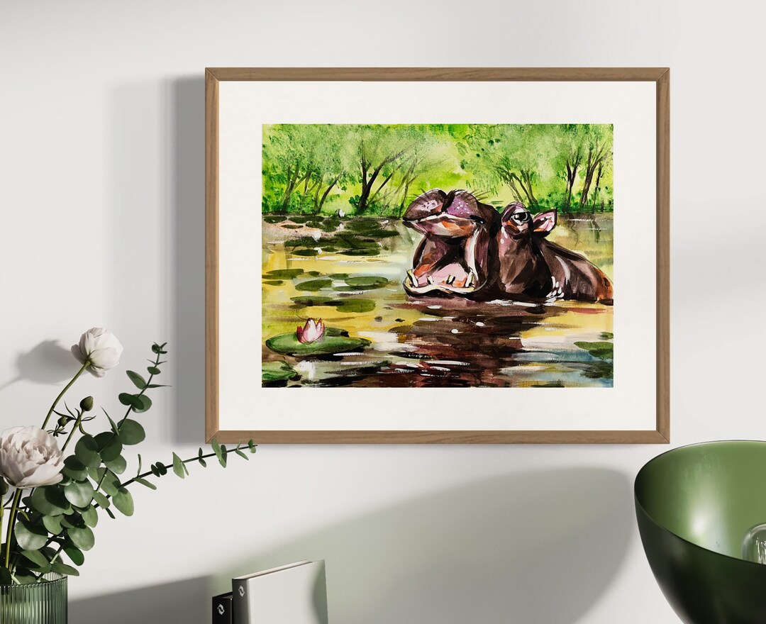 Hippo Watercolor Animal Painting Hippopotamus Wall Art Landscape Kids ...