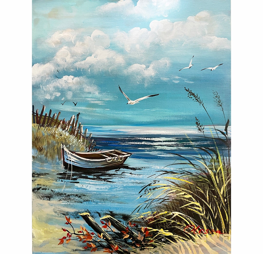 Boat Art Beach Landscape Original Painting Seascape Art 14by 11 by ...