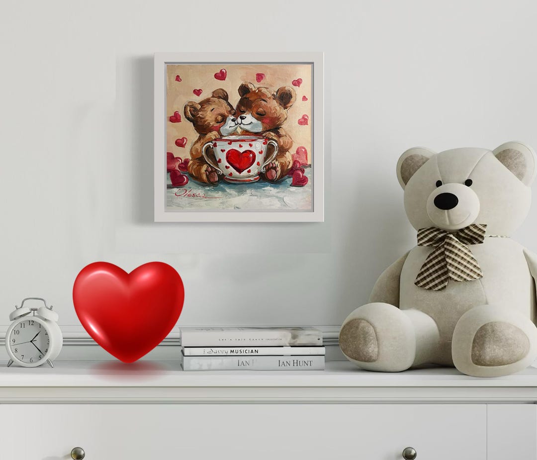Romantic Bear Couple Love Painting Valentine Day Art Teacup Heart Kids ...