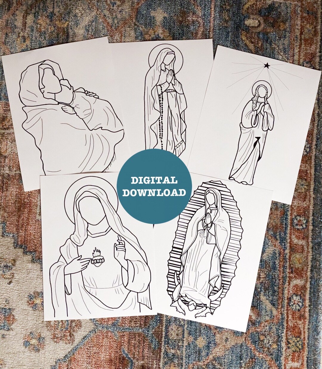 Black and White Mary Line Drawings - Set of 5 (DIGITAL DOWNLOAD) - Etsy