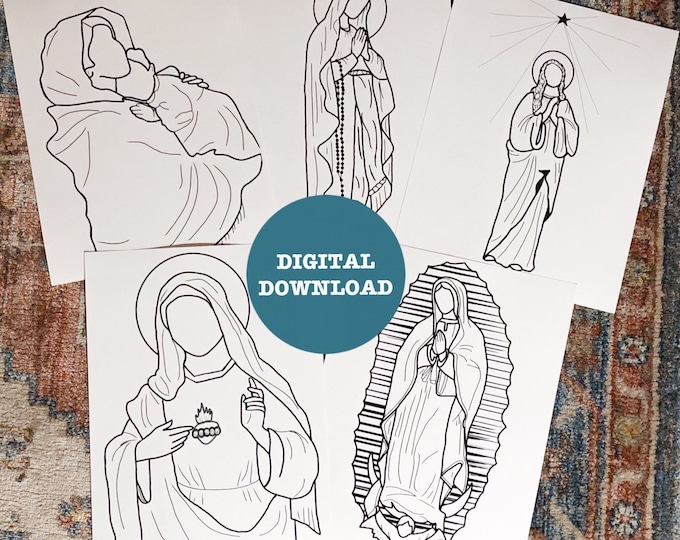 Black and White Mary Line Drawings Set of 5 DIGITAL DOWNLOAD - Etsy