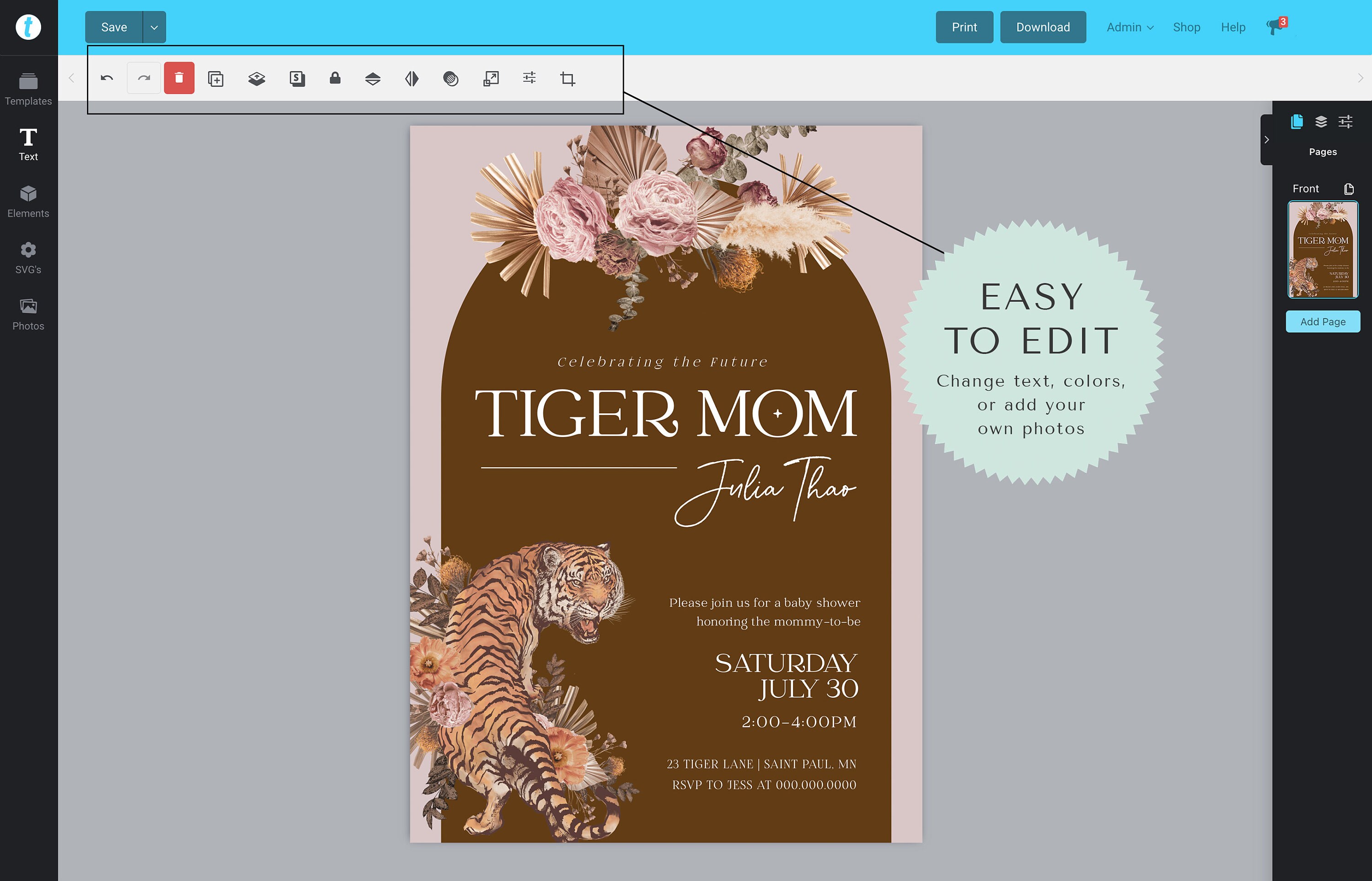 Tiger Mom | Baby Shower Invitation, Tiger Themed Baby Shower, Editable ...