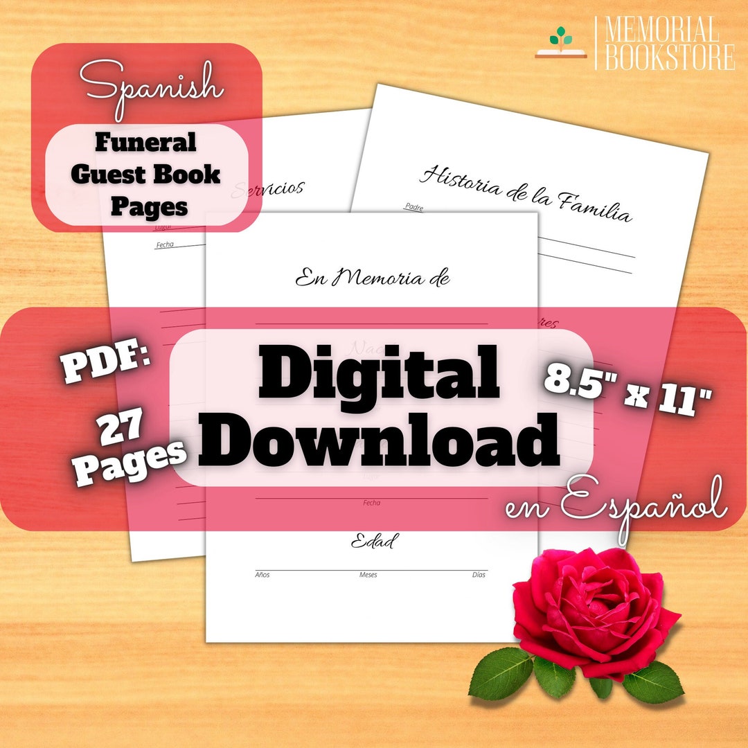 Spanish Funeral Guest Book Pages Instant Digital Download-pdf-27 Pages ...