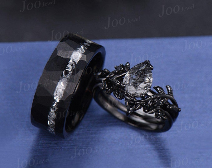 Natural Black Rutilated Quartz Couple Ring Set Black Tungsten Meteorite ...