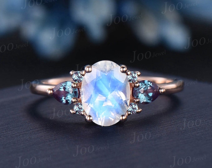 1.5ct Oval Natural Blue Moonstone Engagement Ring Vintage Color-change ...