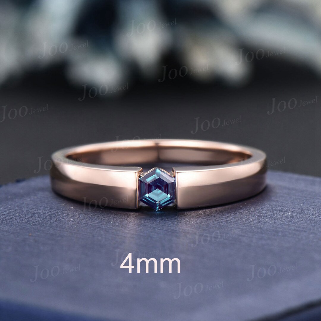 Mens Alexandrite Rings 14K Solid Rose Gold Polish Band Male 4mm Hexagon ...