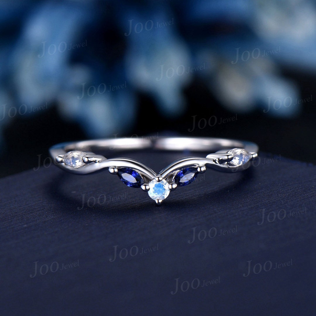 Marquise Natural Moonstone Contour Wedding Band 10K White Gold Blue ...