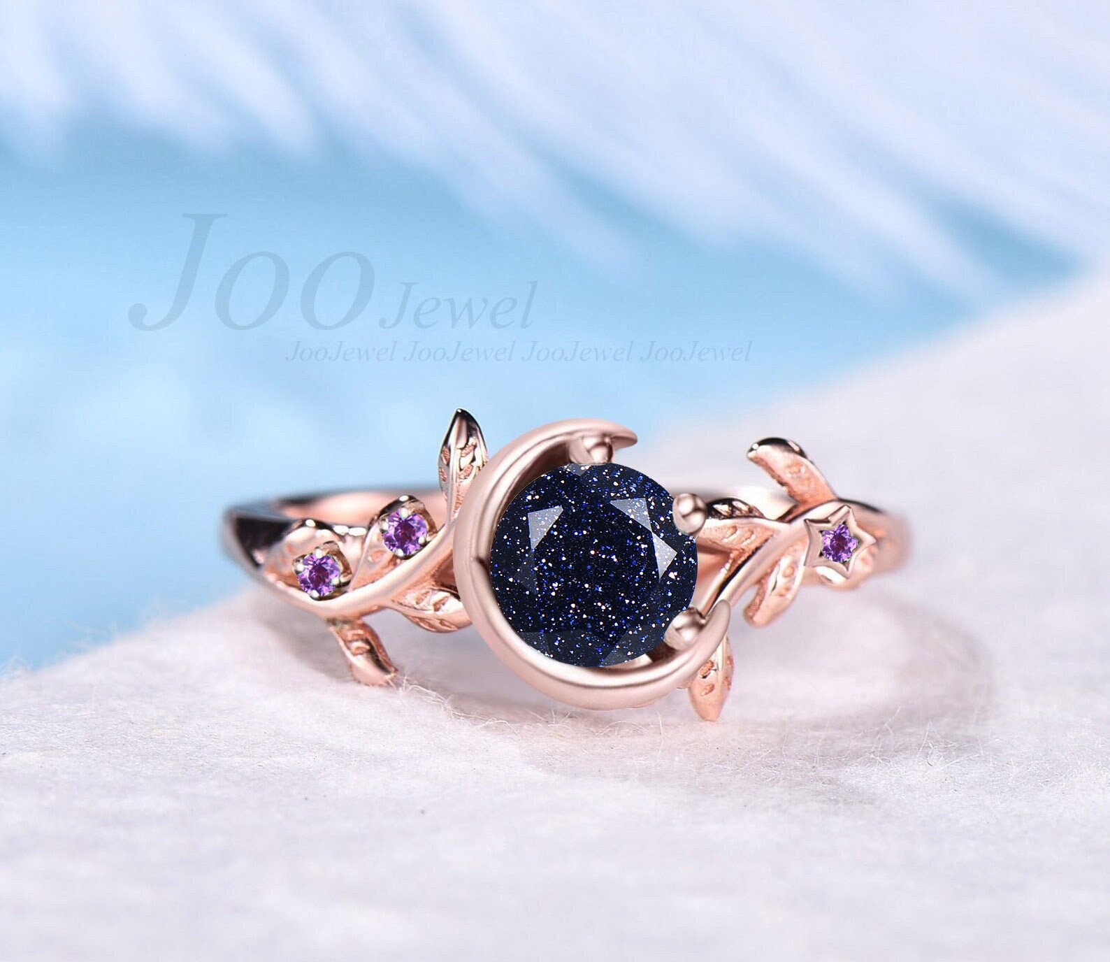 Round Nature Inspired Galaxy Starry Sky Blue Sandstone Engagement Ring ...