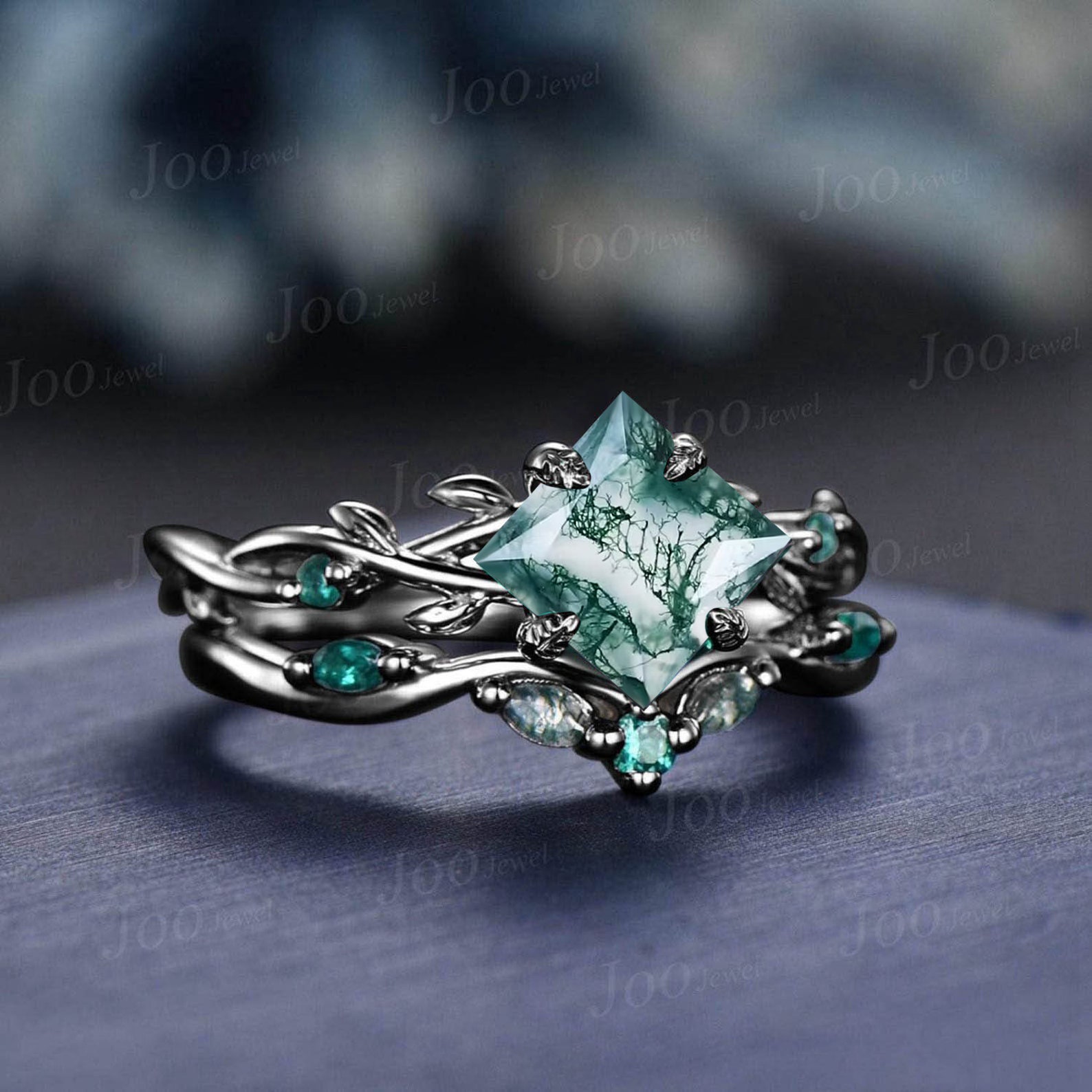Princess Cut Natural Green Moss Agate Emerald Engagement Ring Set 2ct ...