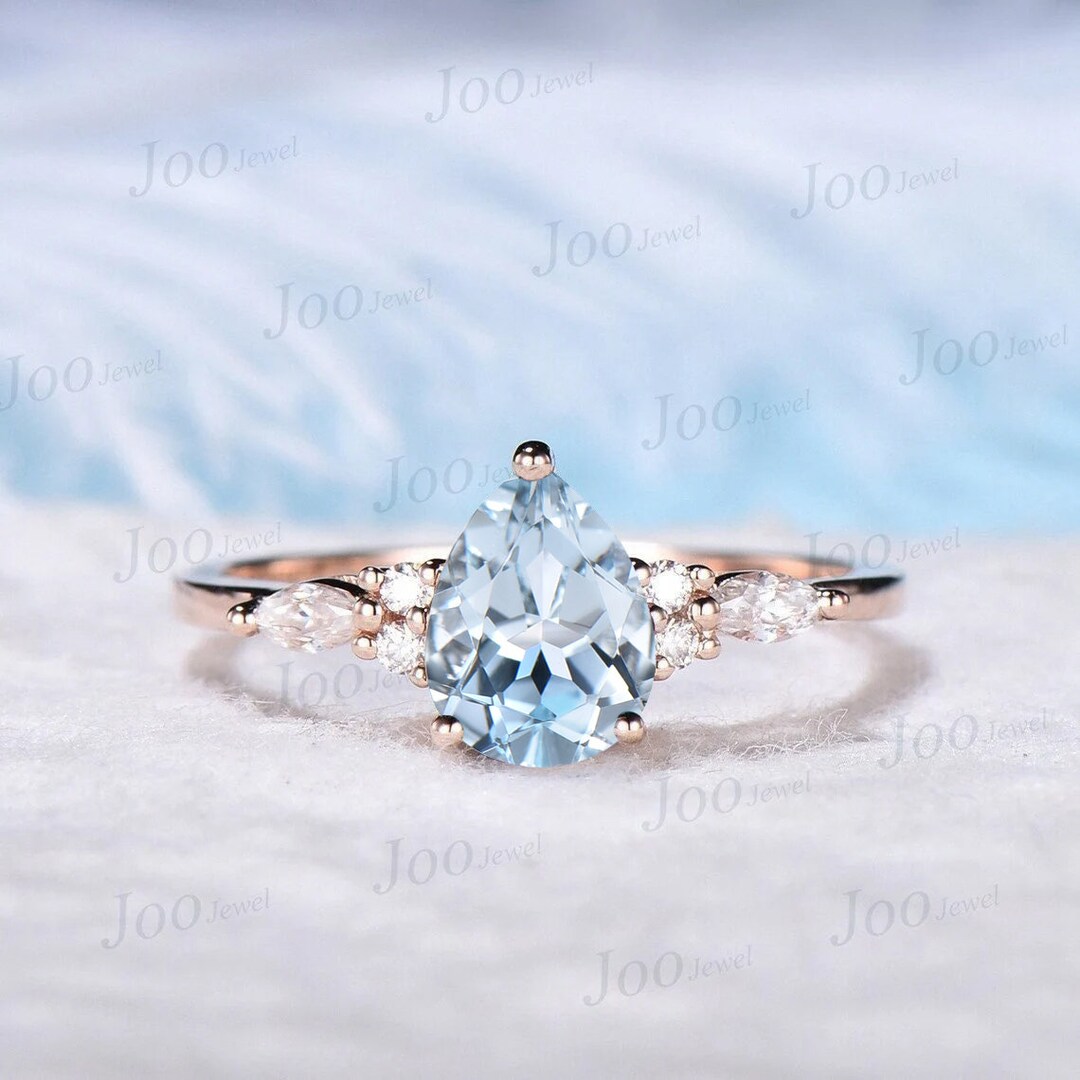 1.25ct Pear Cut Natural Rose Gold Aquamarine Engagement Ring Vintage ...
