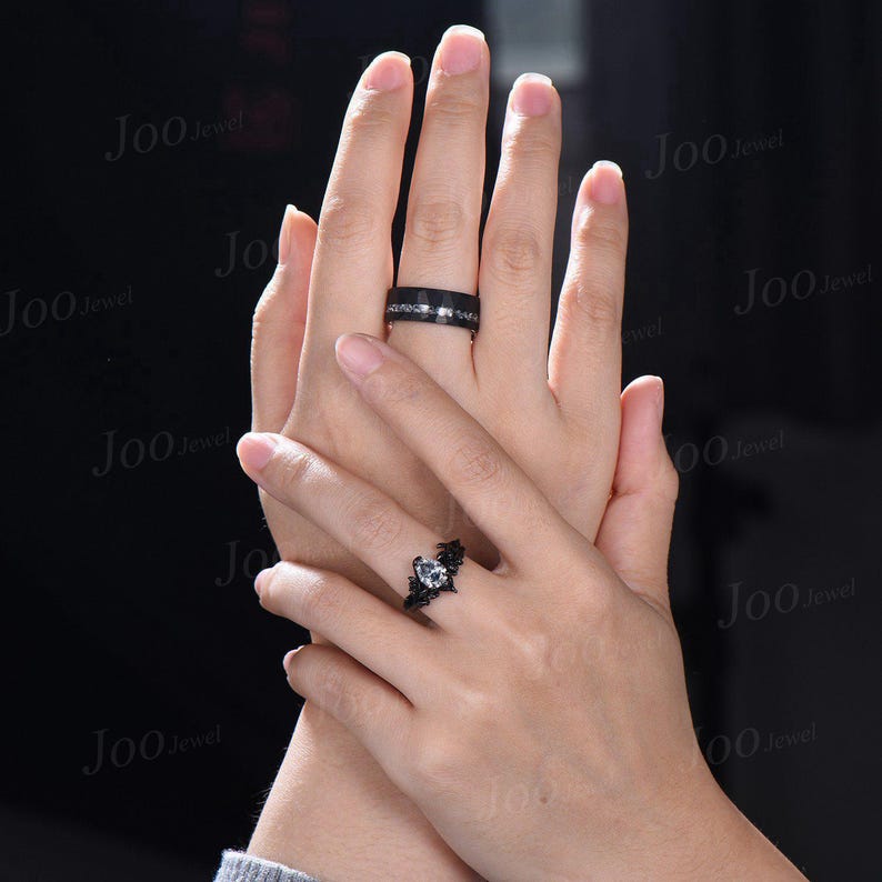 Gray Moissanite Engagement Ring Leaf Couple Set Tungsten Meteorite Men ...